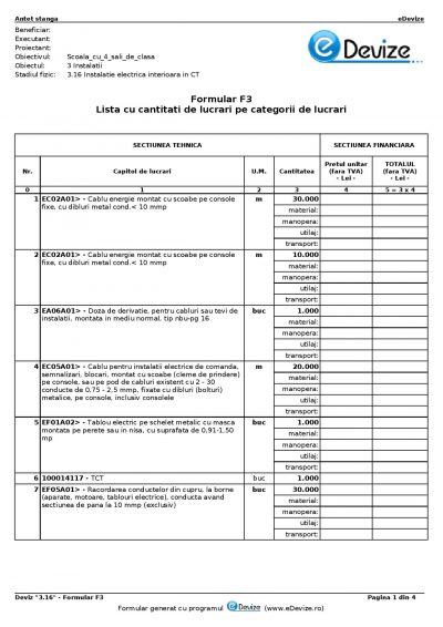 Modele deviz lucrari instalatii electrice